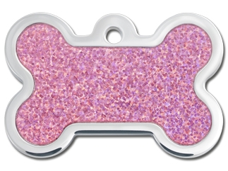 Engraved ID Tag: Large Bone Shape Chrome with Pink Hologram Sparkle ...